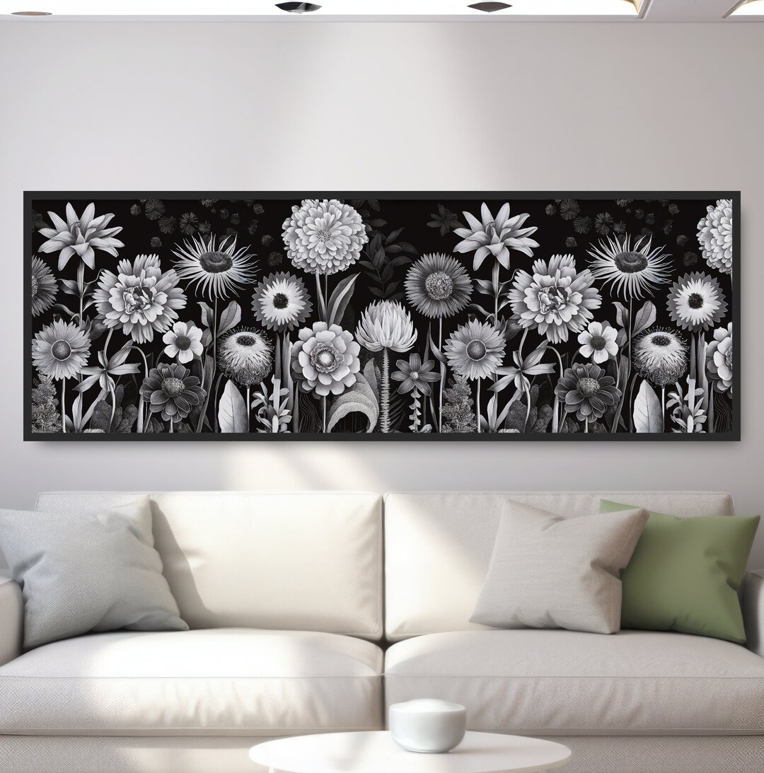 Black & White Field of Flowers Illustration Wall Art. Retro Floral Boho ...