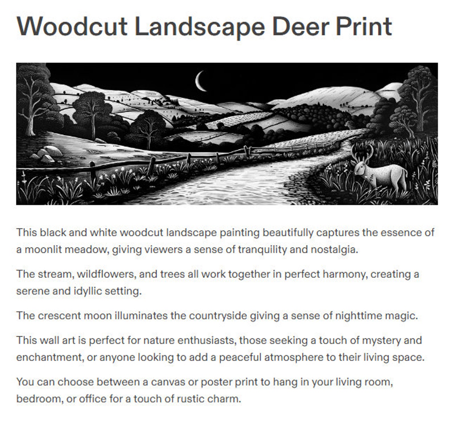 Woodcut Landscape Deer Print. Black and White Panoramic Canvas or ...