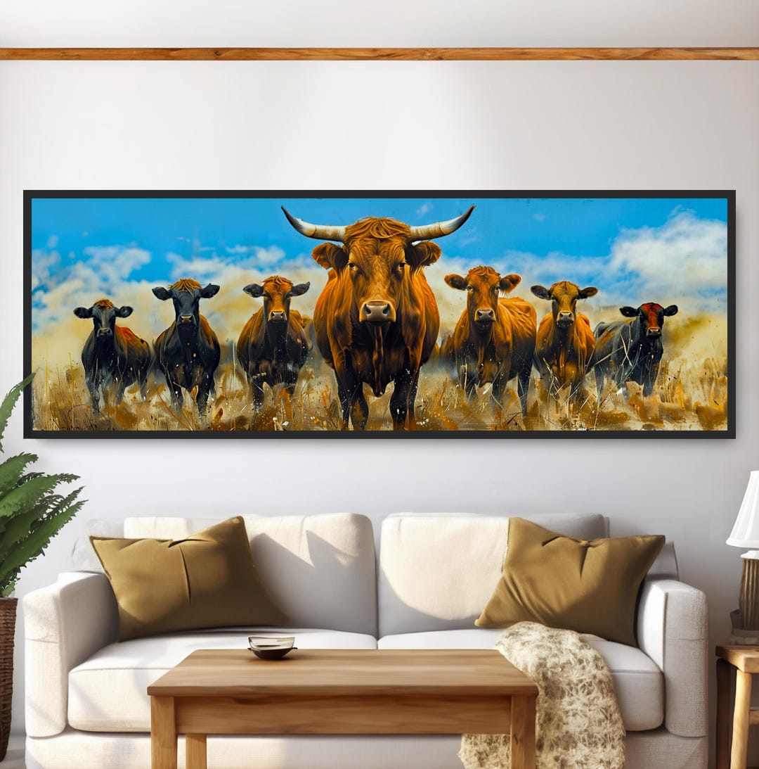 Brown Cows Farm Field Painting Print. Longhorn Cattle Herd. Panoramic ...
