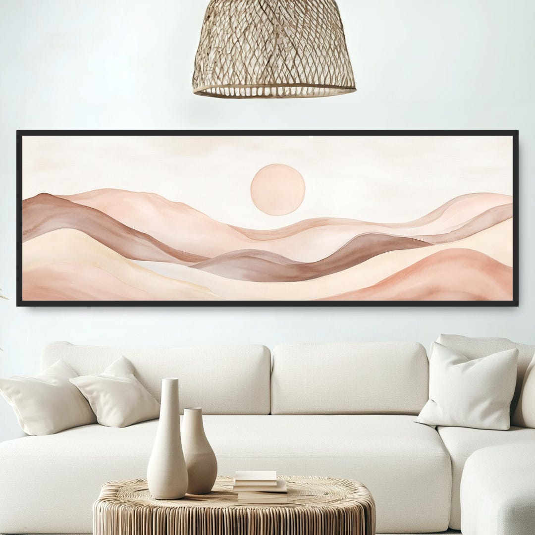 Neutral Sunset Landscape Print, Calm Abstract Mountain, Panoramic ...