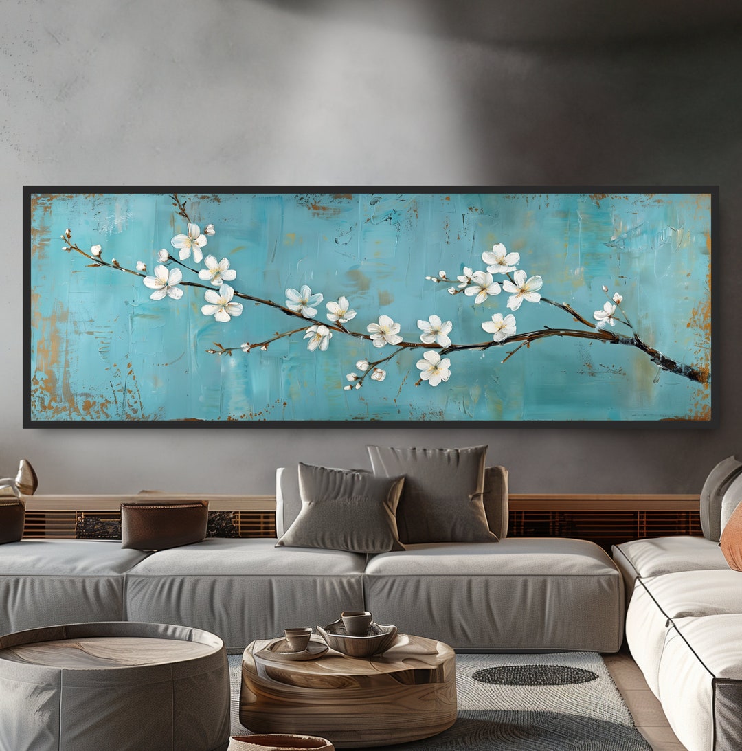 White Cherry Blossom Tree Branch Asian Oil Painting Print. Vintage ...
