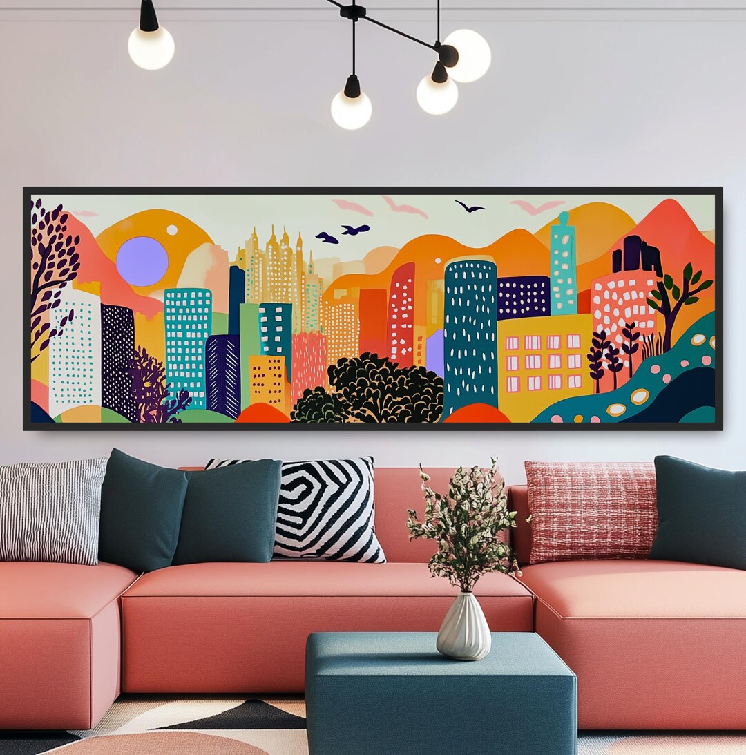 Colorful Abstract Cityscape Print, Papercut Style Skyscrapers, Coral ...