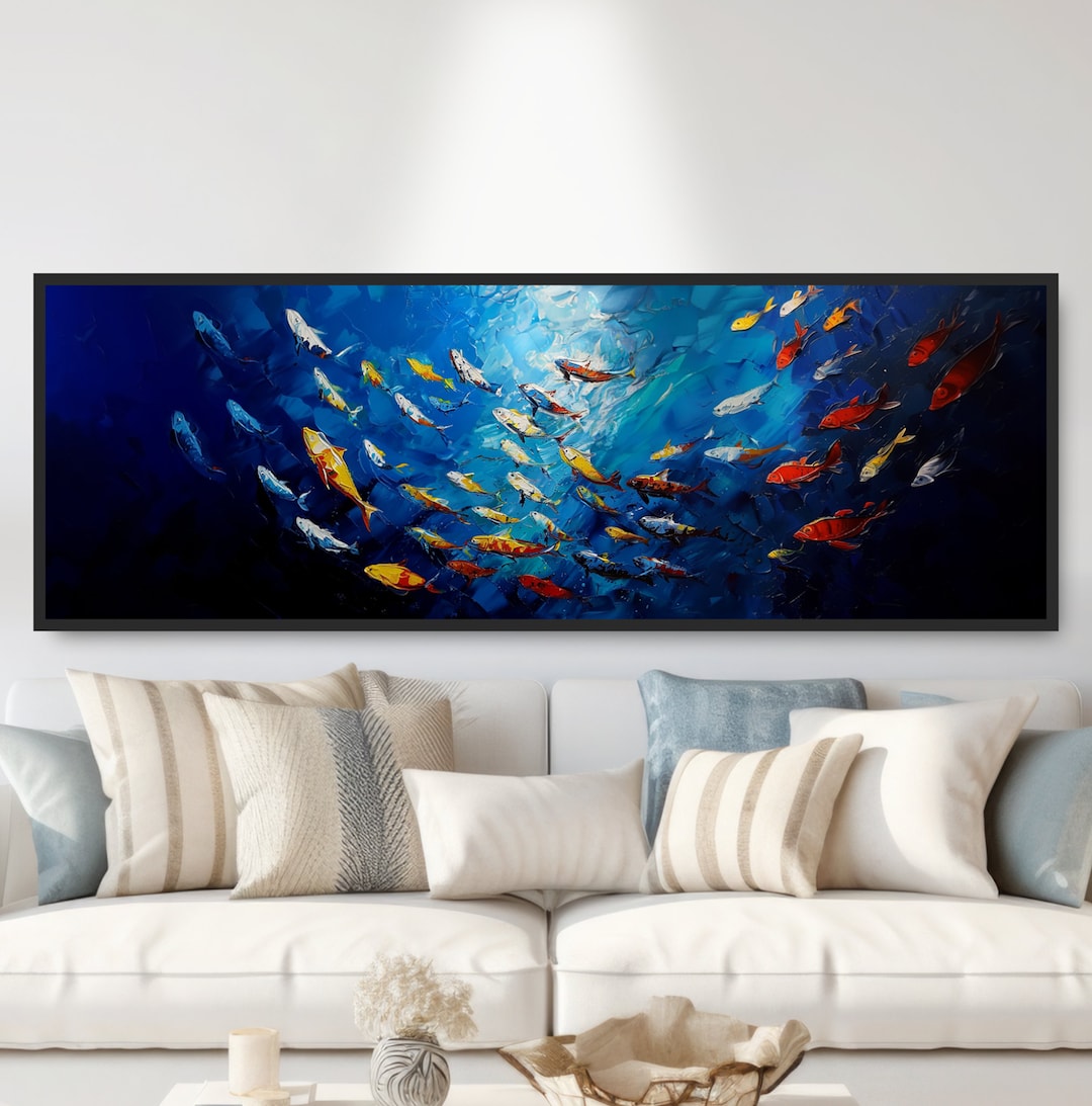 Colorful Fish School Oil Painting. Panoramic Underwater Ocean Wall Art ...