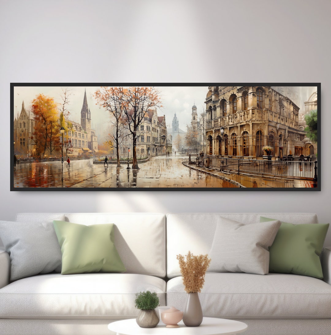European Town Square Cityscape. Panoramic City Landscape Painting. Old ...