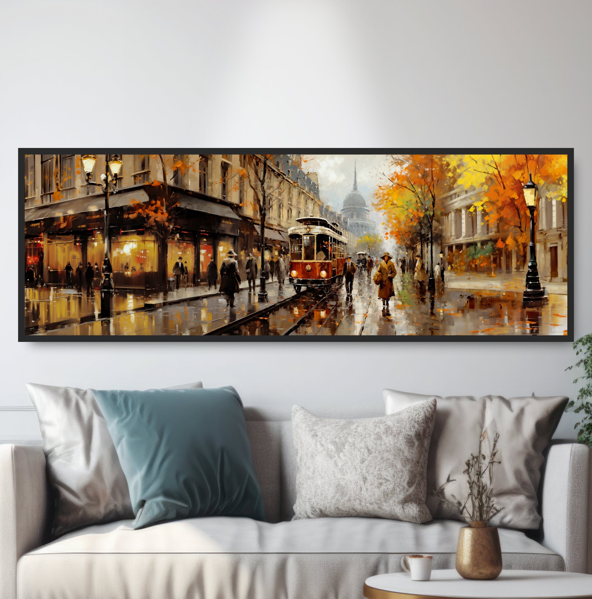 European Tram Street Scene Panoramic Painting. Classic Vintage Trolly ...
