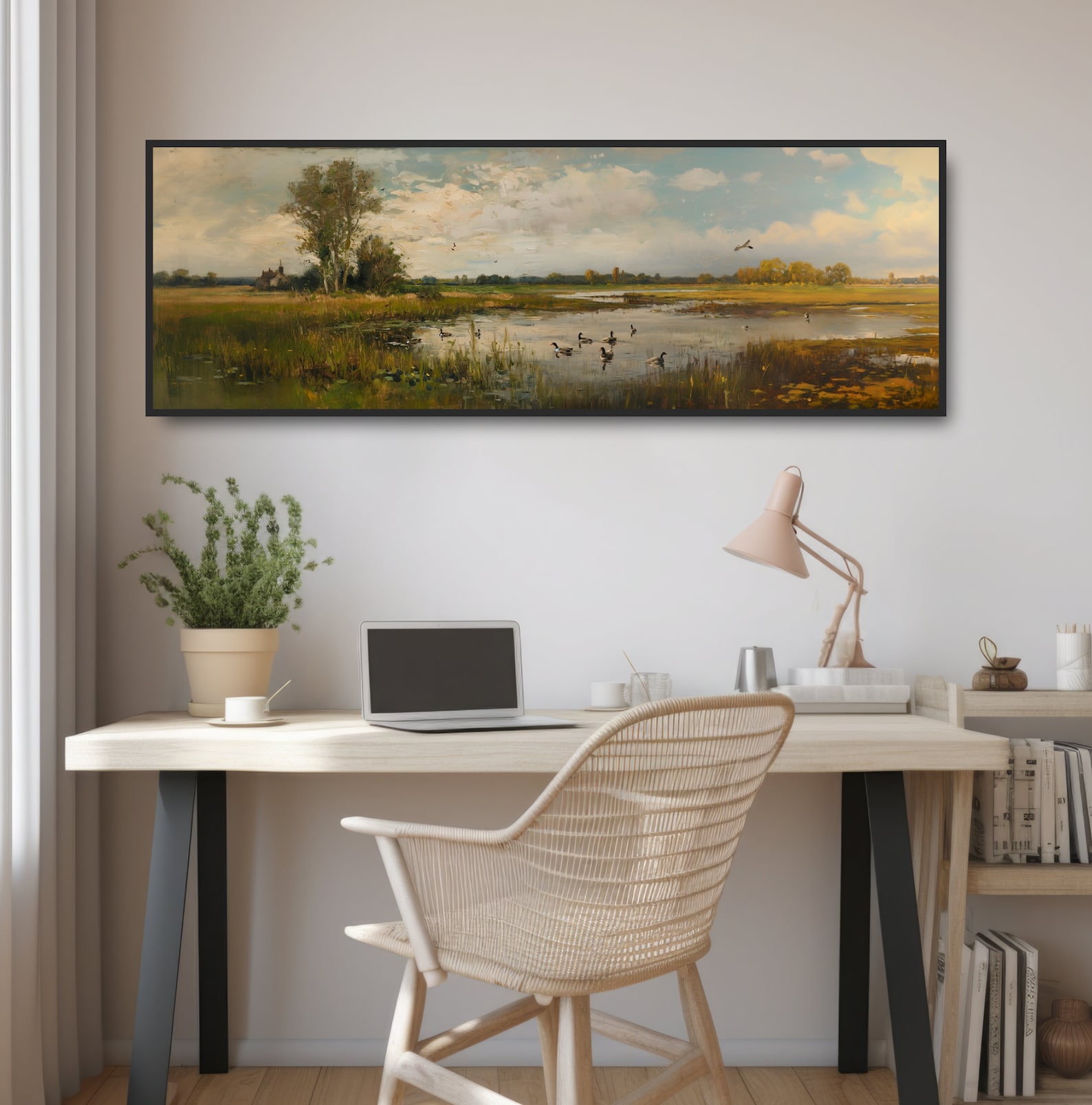 Duck Pond Panoramic Oil Painting Print. Marsh Lowlands Waterfowl Birds ...