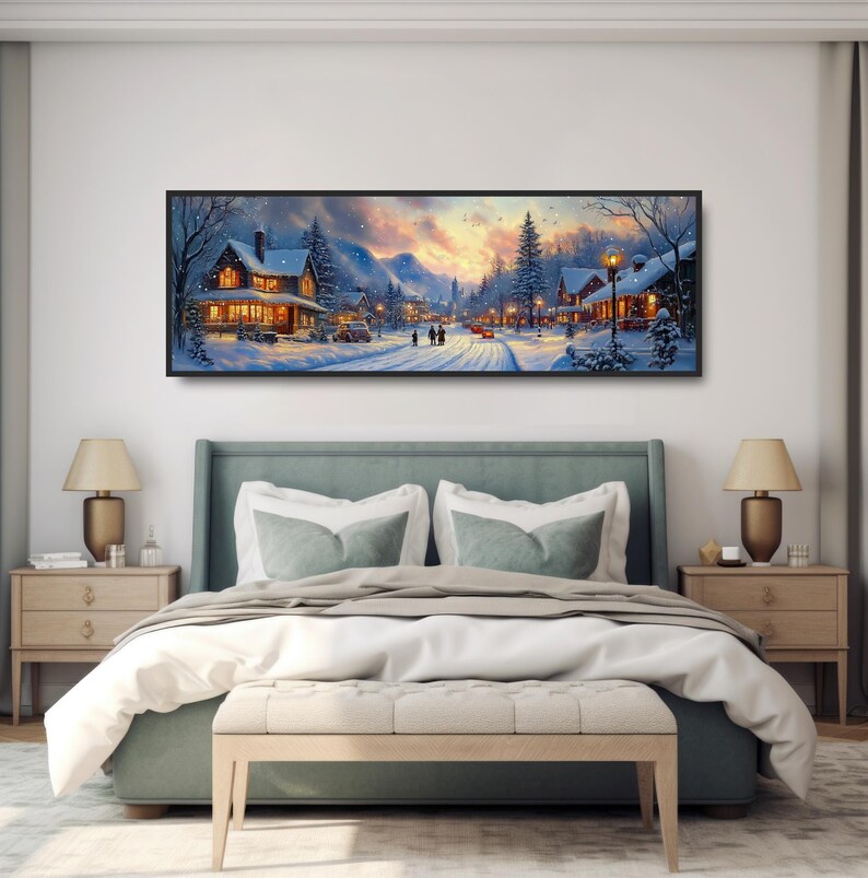 Nostalgic Winter Snow Painting, Cozy Mountain Village Art Glowing Homes ...