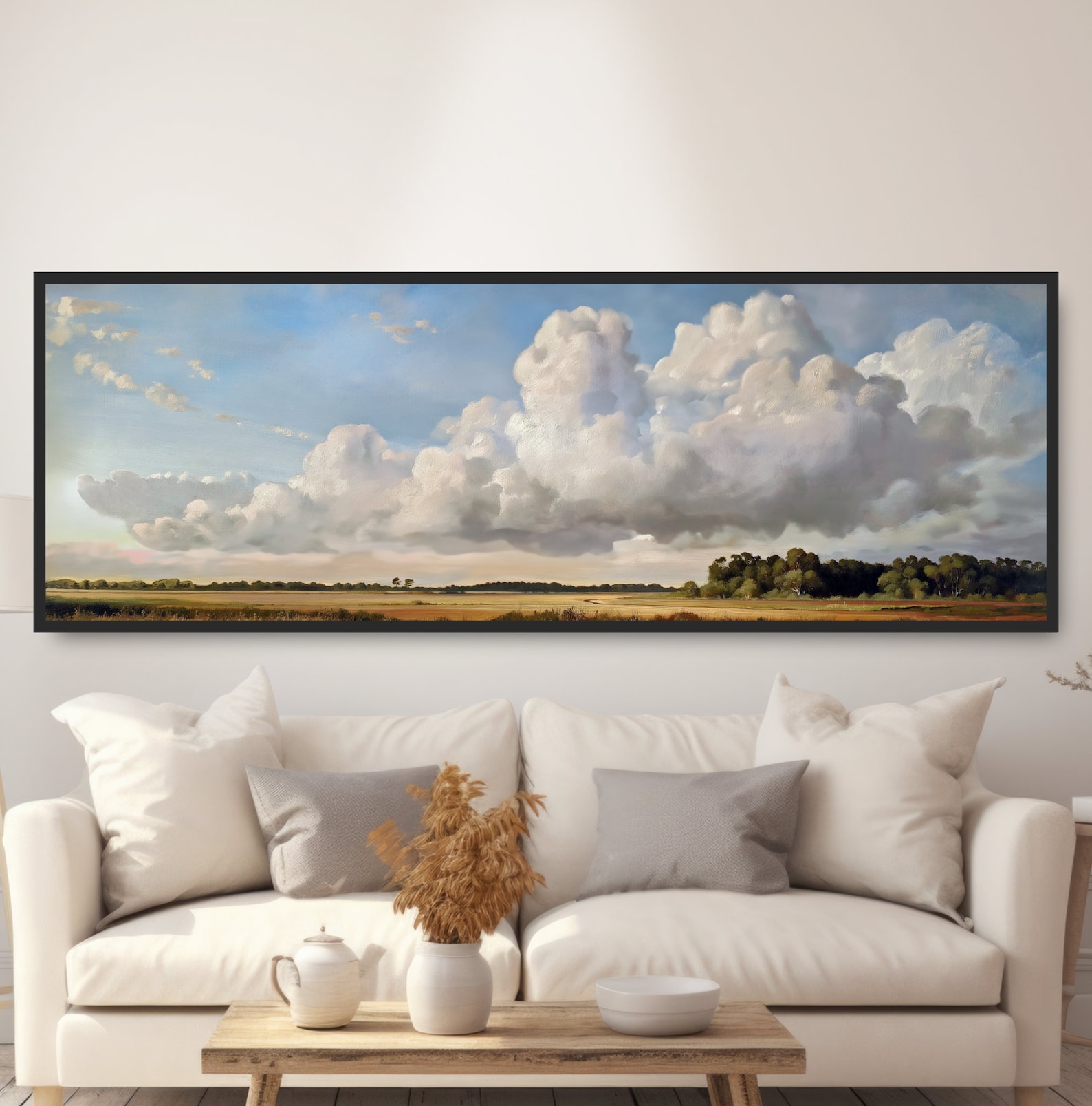 Vintage Cloud Art. Big Sky Panoramic Oil Painting. Blue White Beige ...