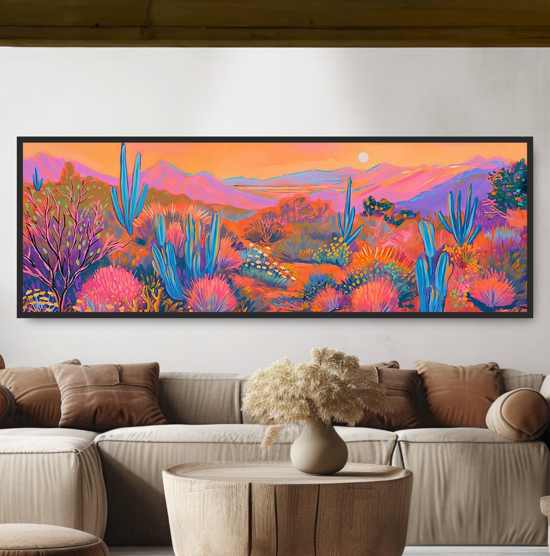 Southwestern Desert Sunset. Vibrant Neon Canyon Cactus Art. Colorful ...