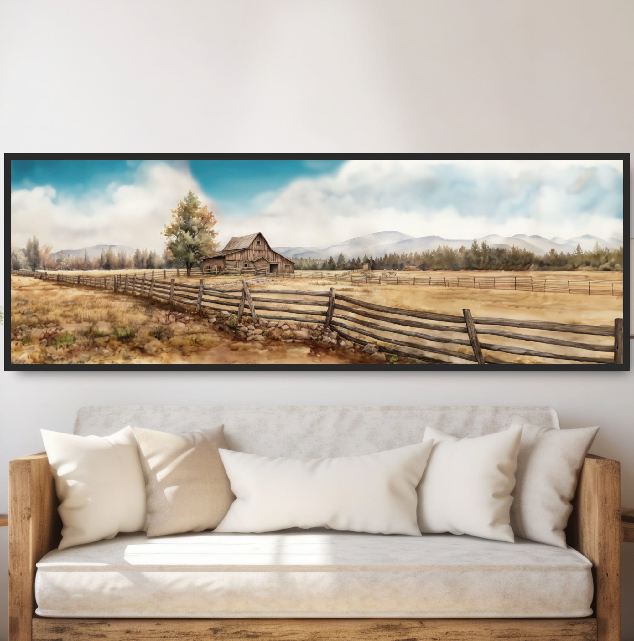 Farm Landscape Watercolor Print. Barn Panoramic Canvas, Acrylic, or ...