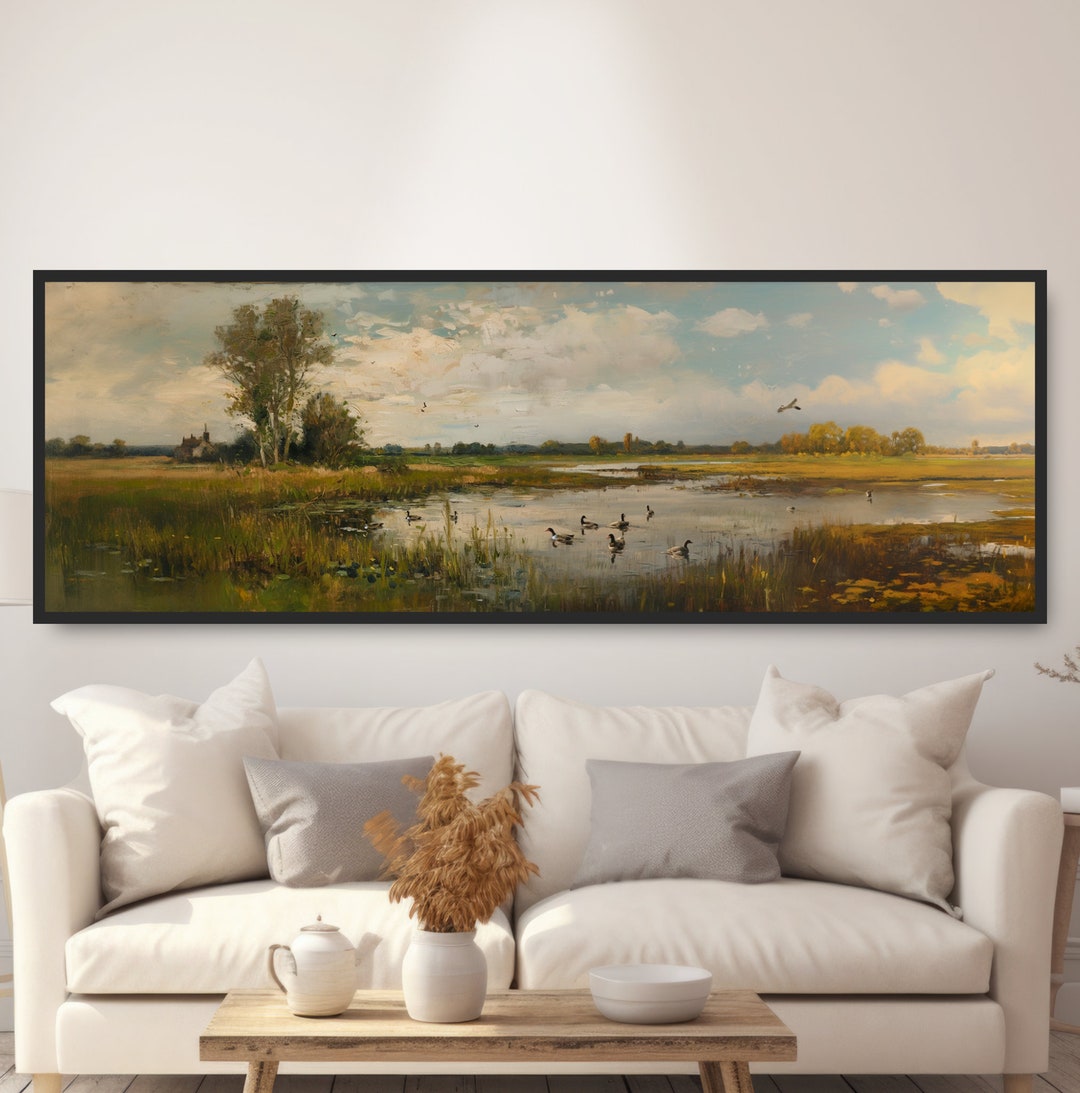 Duck Pond Panoramic Oil Painting Print. Marsh Lowlands Waterfowl Birds ...