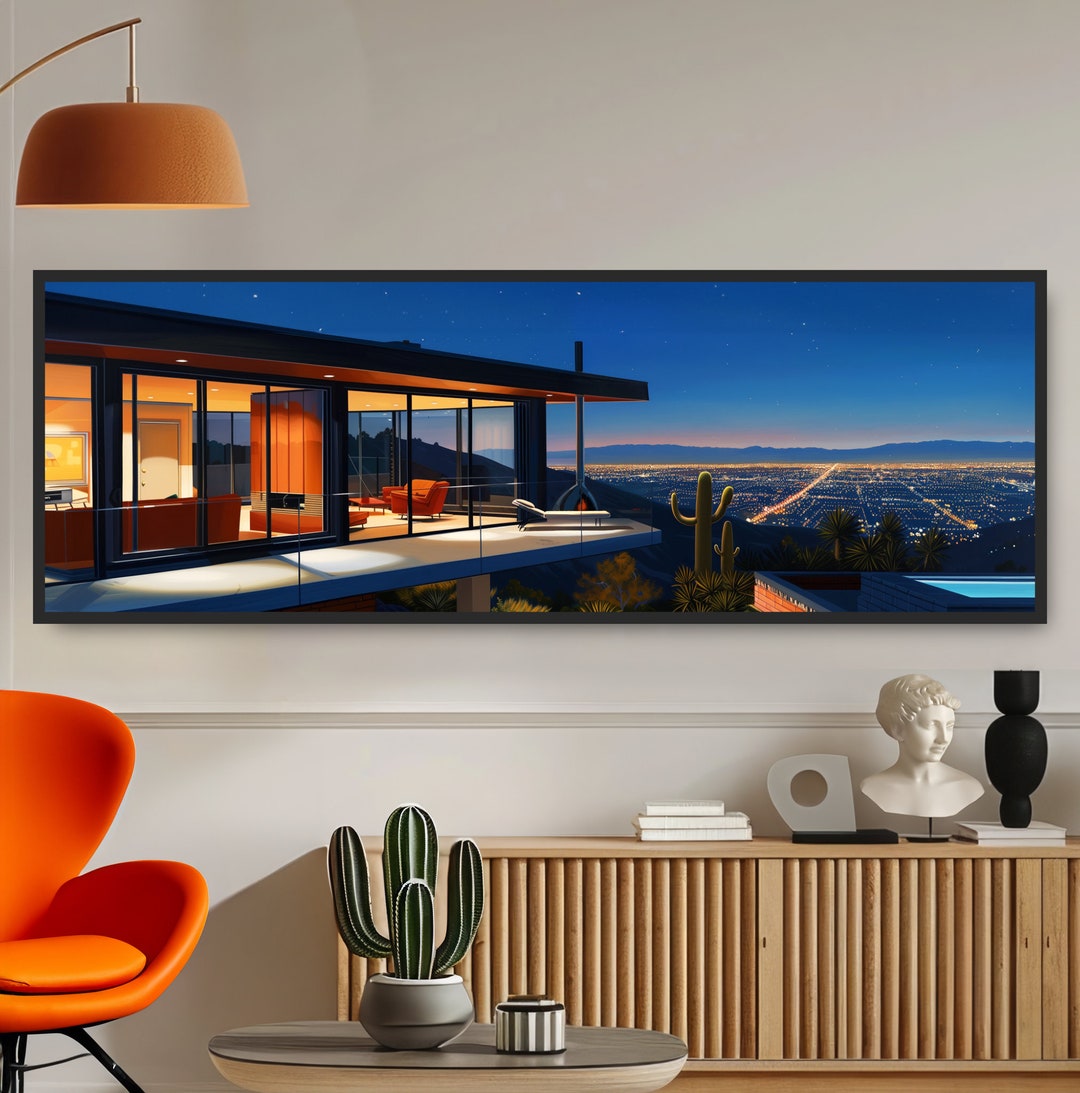 Midcentury Modern Home Overlooking City at Night. Retro Architecture ...