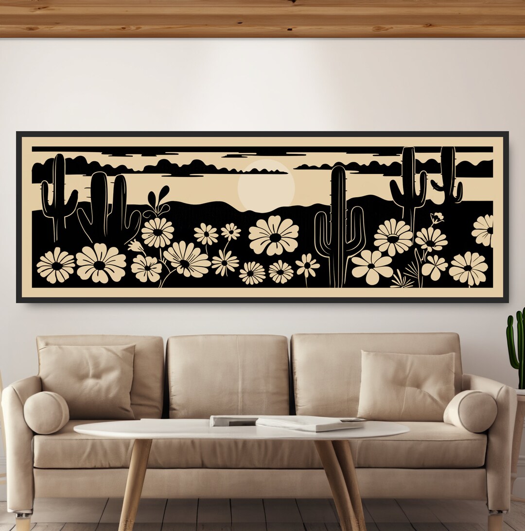 Retro Western Cactus & Daisies Wall Art. Desert Flowers Landscape ...