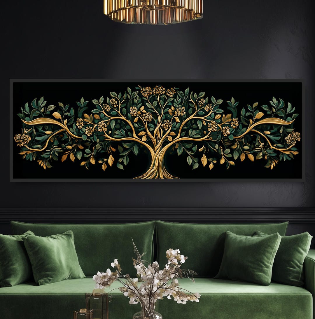 Gold Tree of Life Panoramic Painting Print, Gold Green Floral Wall Art ...