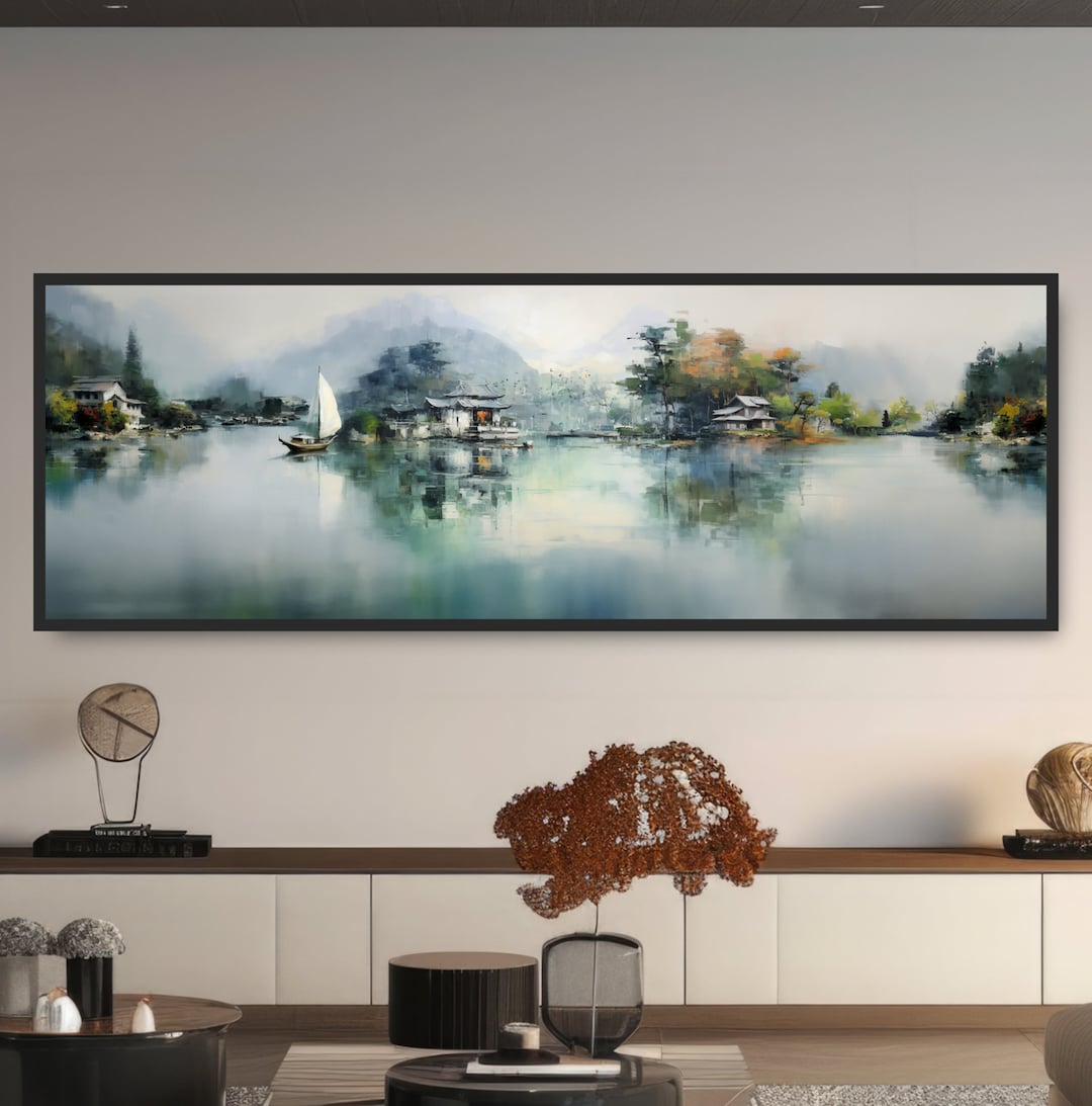 Sailboat on a Lake. Asian Panoramic Landscape Canvas Oil Painting ...
