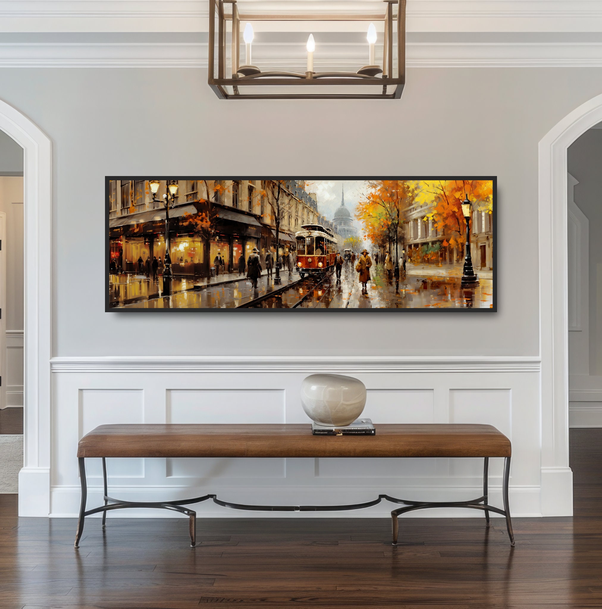 European Tram Street Scene Panoramic Painting. Classic Vintage Trolly ...