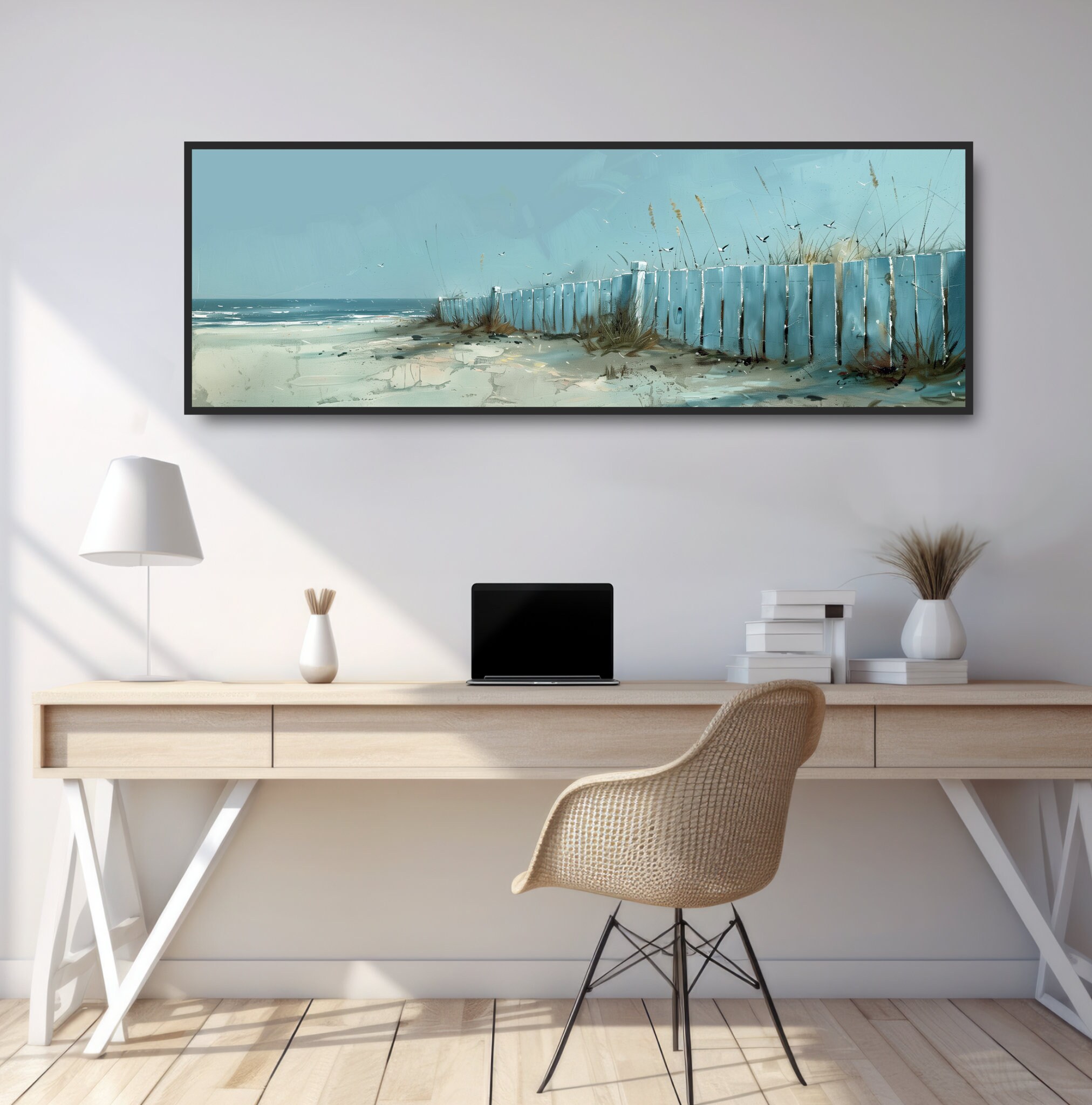 Beach Fence Painting Print. Ocean Costal Decor. Panoramic Seascape Wall ...