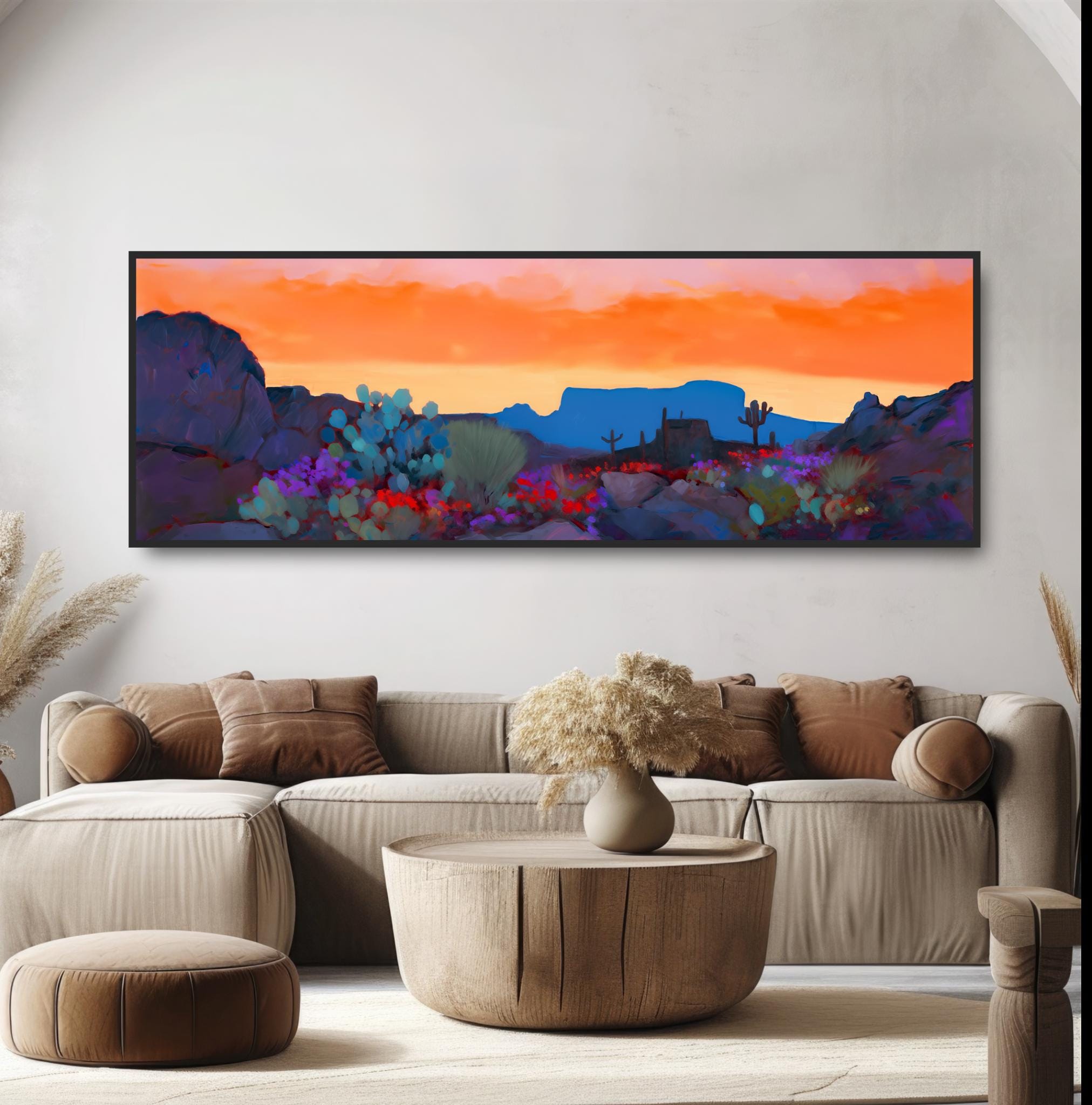 Southwestern Desert Sunset Painting Print, Saguaro Cactus Mountain ...