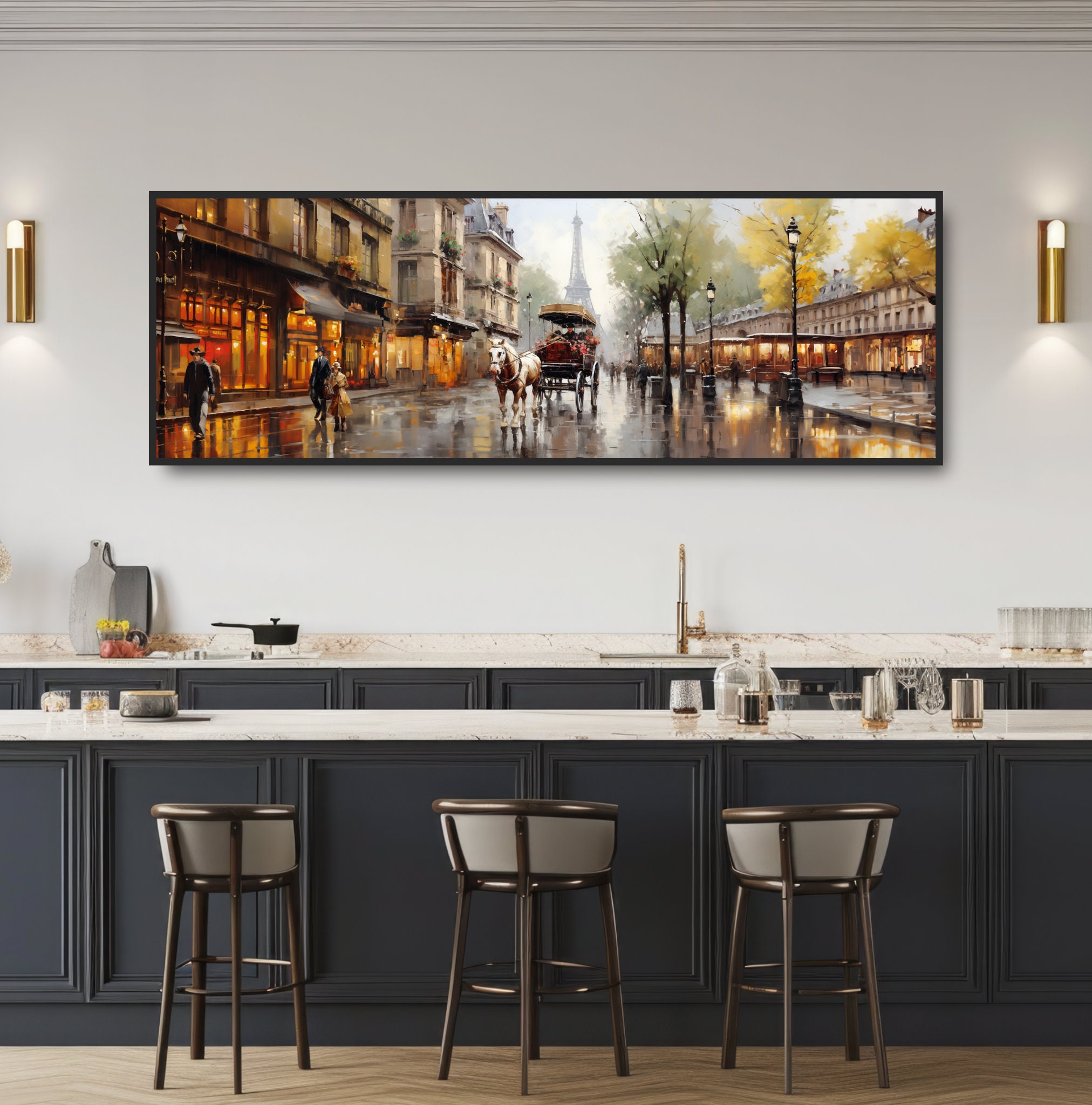 Eiffel Tower Horse & Carriage Oil Painting. Classic Rainy Paris Street ...