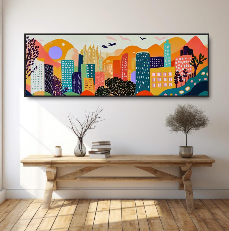 Colorful Abstract Cityscape Print, Papercut Style Skyscrapers, Coral ...