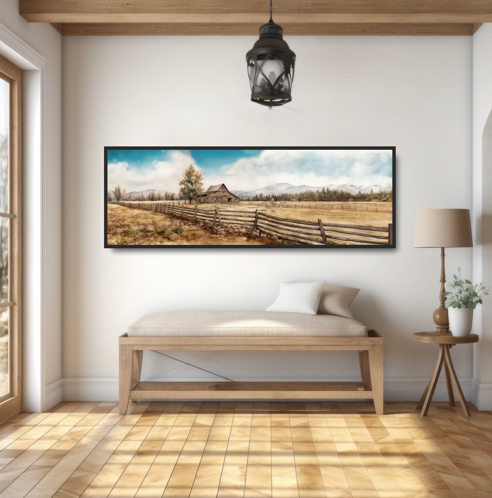 Farm Landscape Watercolor Print. Barn Panoramic Canvas, Acrylic, or ...