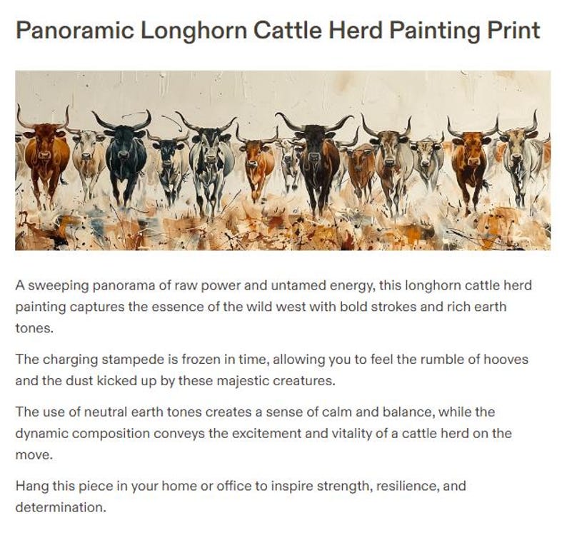 Panoramic Longhorn Cattle Herd Painting Print. Rustic Farmhouse Western ...