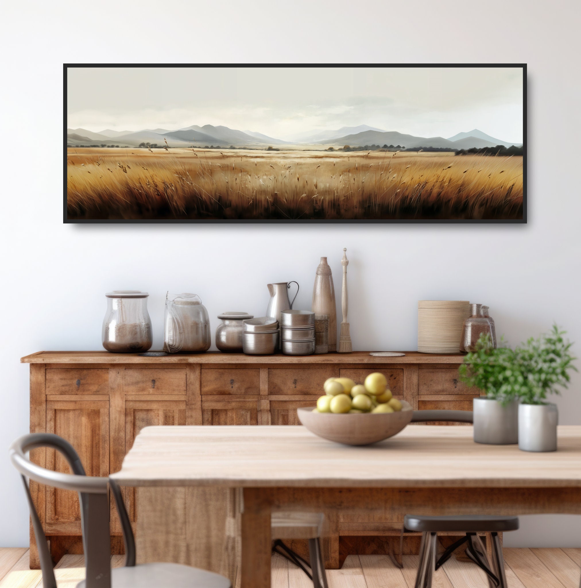 Tall Grass Field Painting. Mountain Meadow Panoramic Landscape. Neutral ...