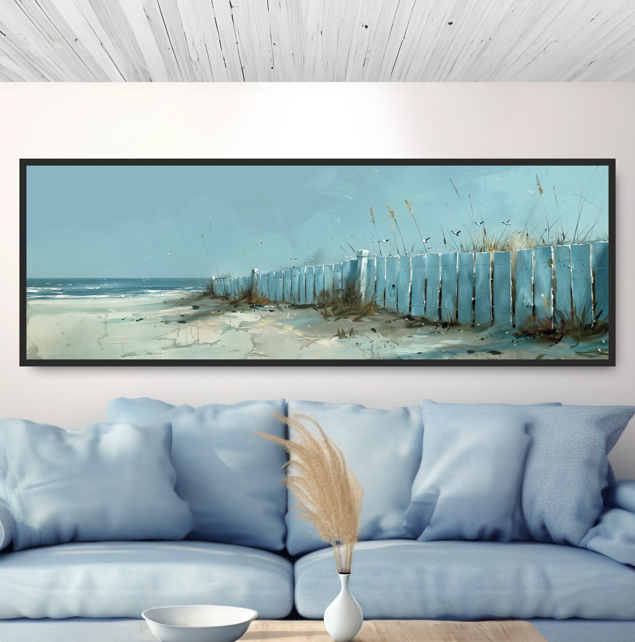 Beach Fence Painting Print. Ocean Costal Decor. Panoramic Seascape Wall ...