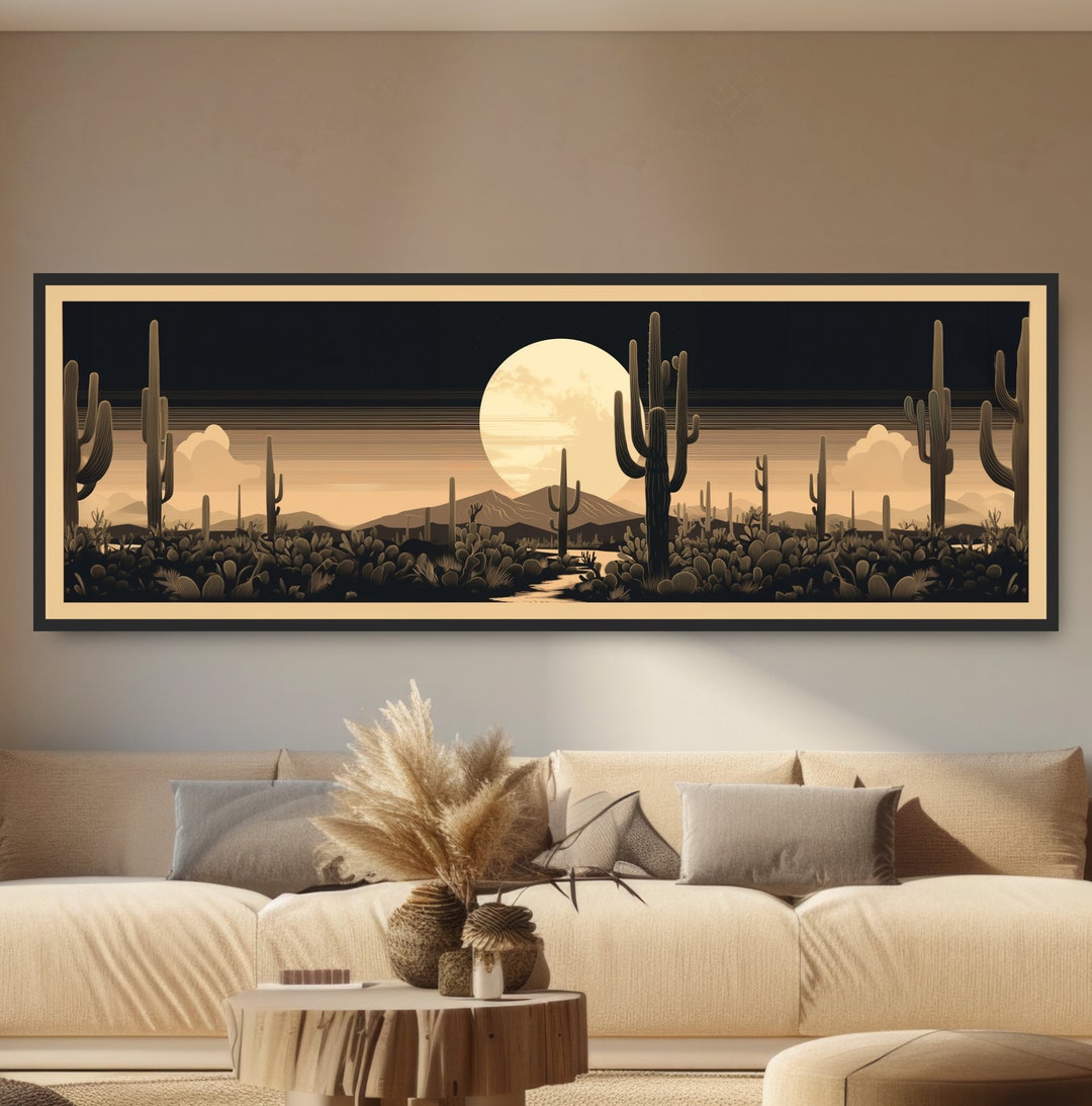 Western Cactus & Full Moon. Panoramic Desert Poster or Canvas. Wide ...