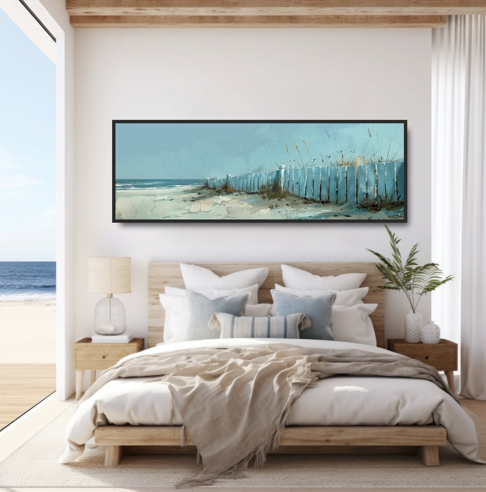 Beach Fence Painting Print. Ocean Costal Decor. Panoramic Seascape Wall ...