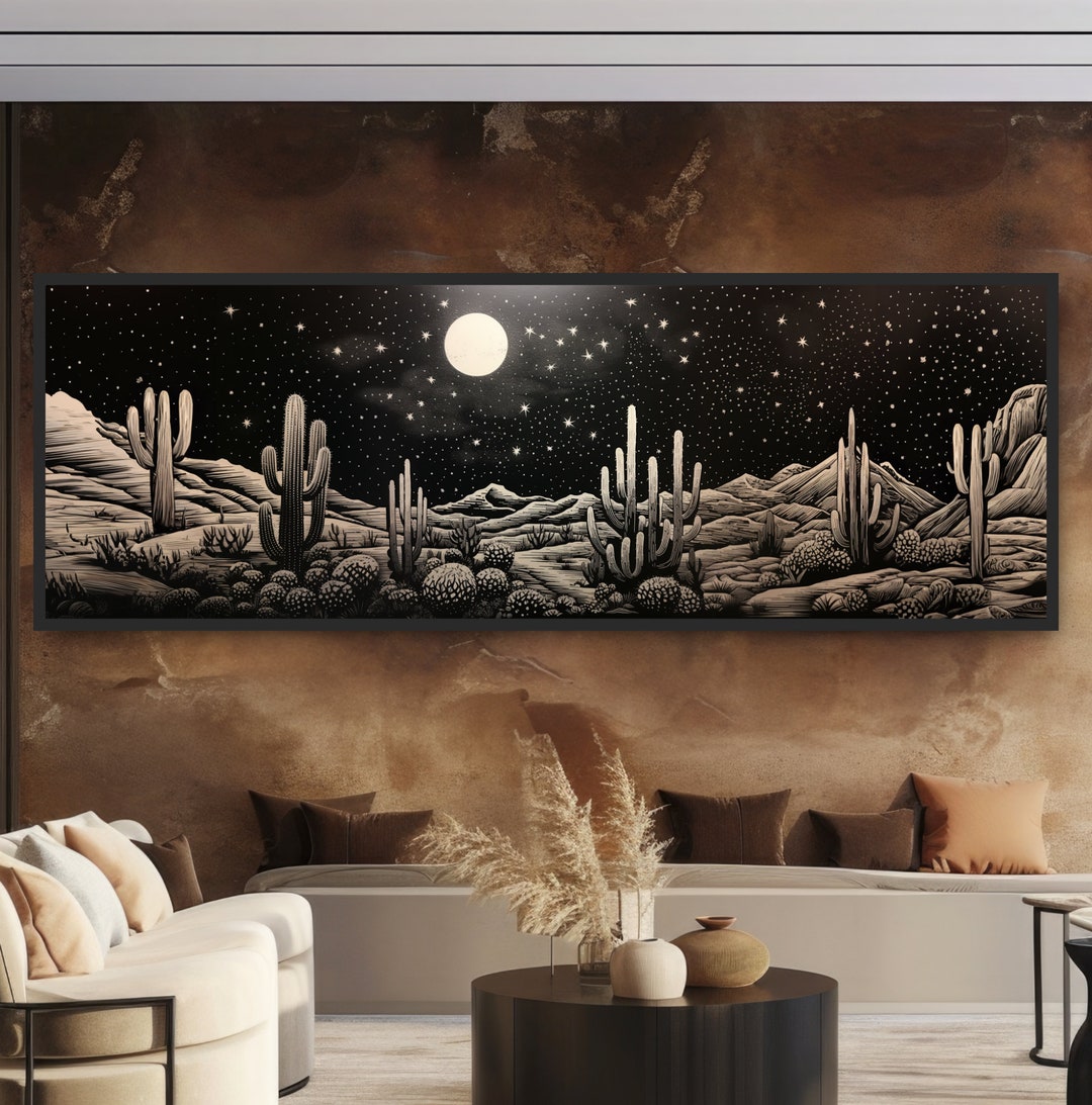 Desert Starry Night Cactus Print. Panoramic Landscape Canvas or Poster ...