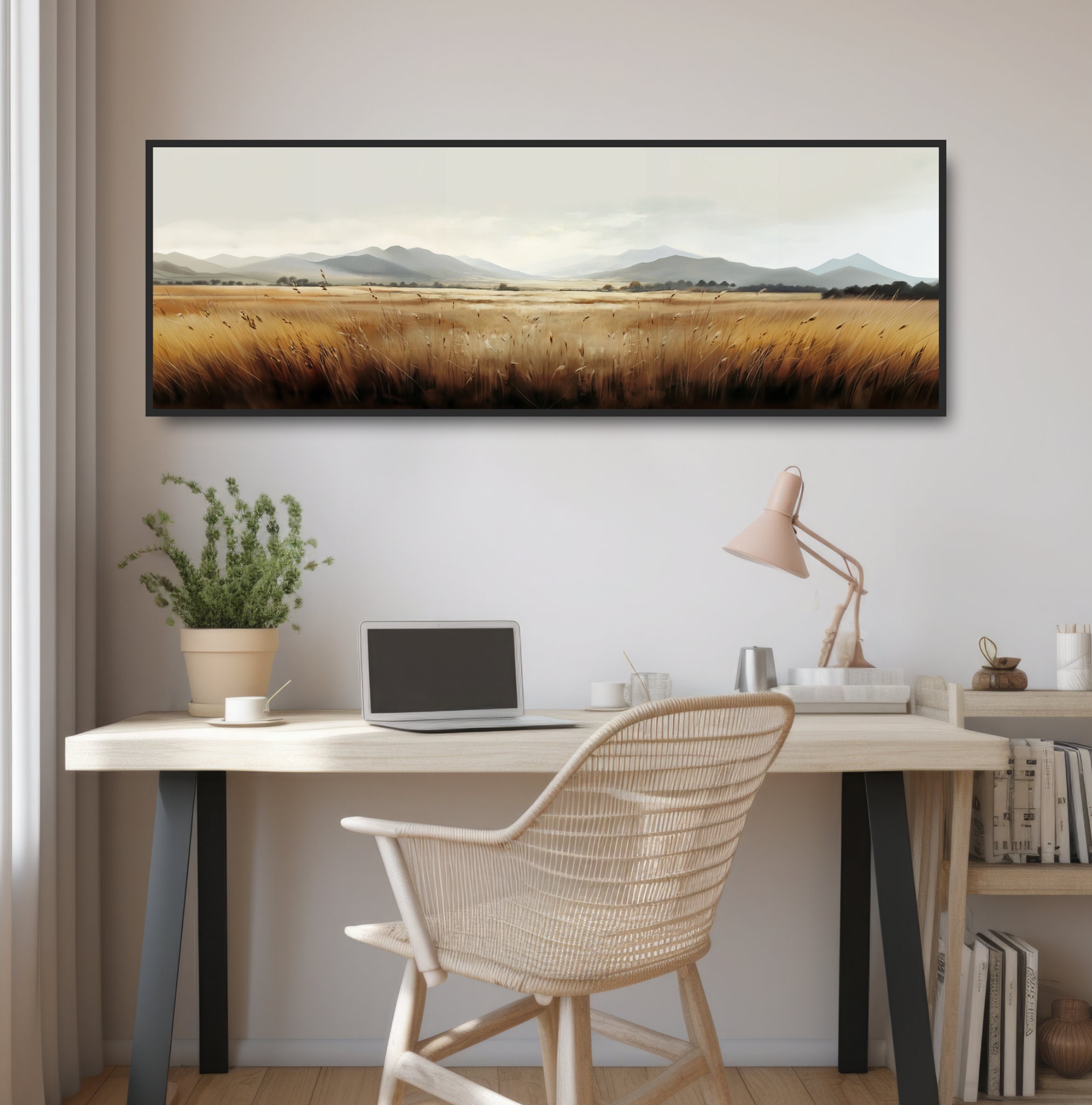 Tall Grass Field Painting. Mountain Meadow Panoramic Landscape. Neutral ...