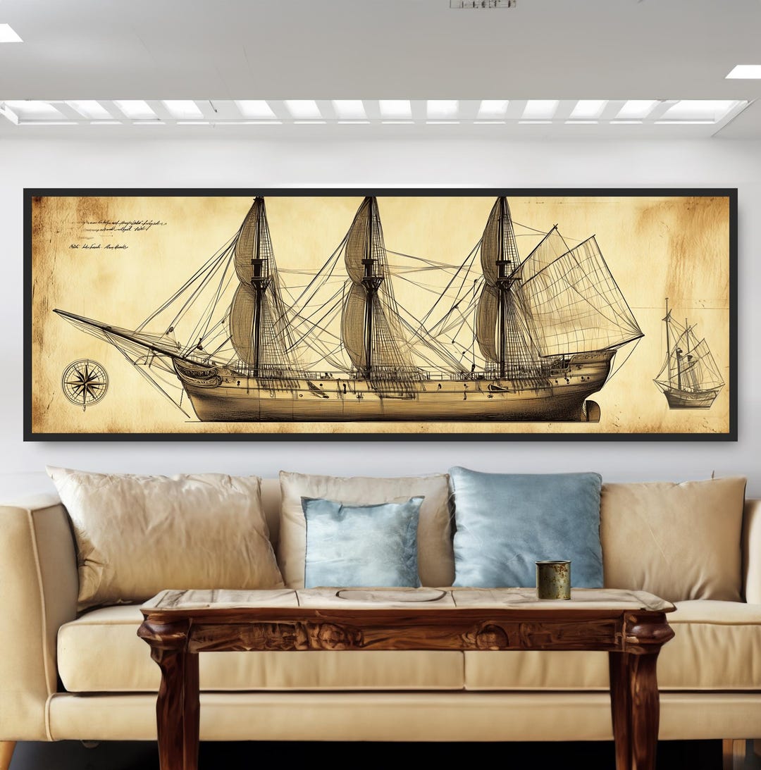 Vintage Sailing Ship Drawing, Nautical Decor Wall Art, Panoramic ...