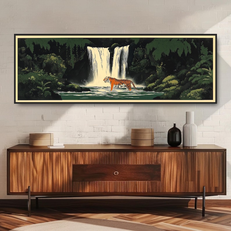 Tiger Waterfall Wall Art: Japanese Woodblock Style Print, Large ...