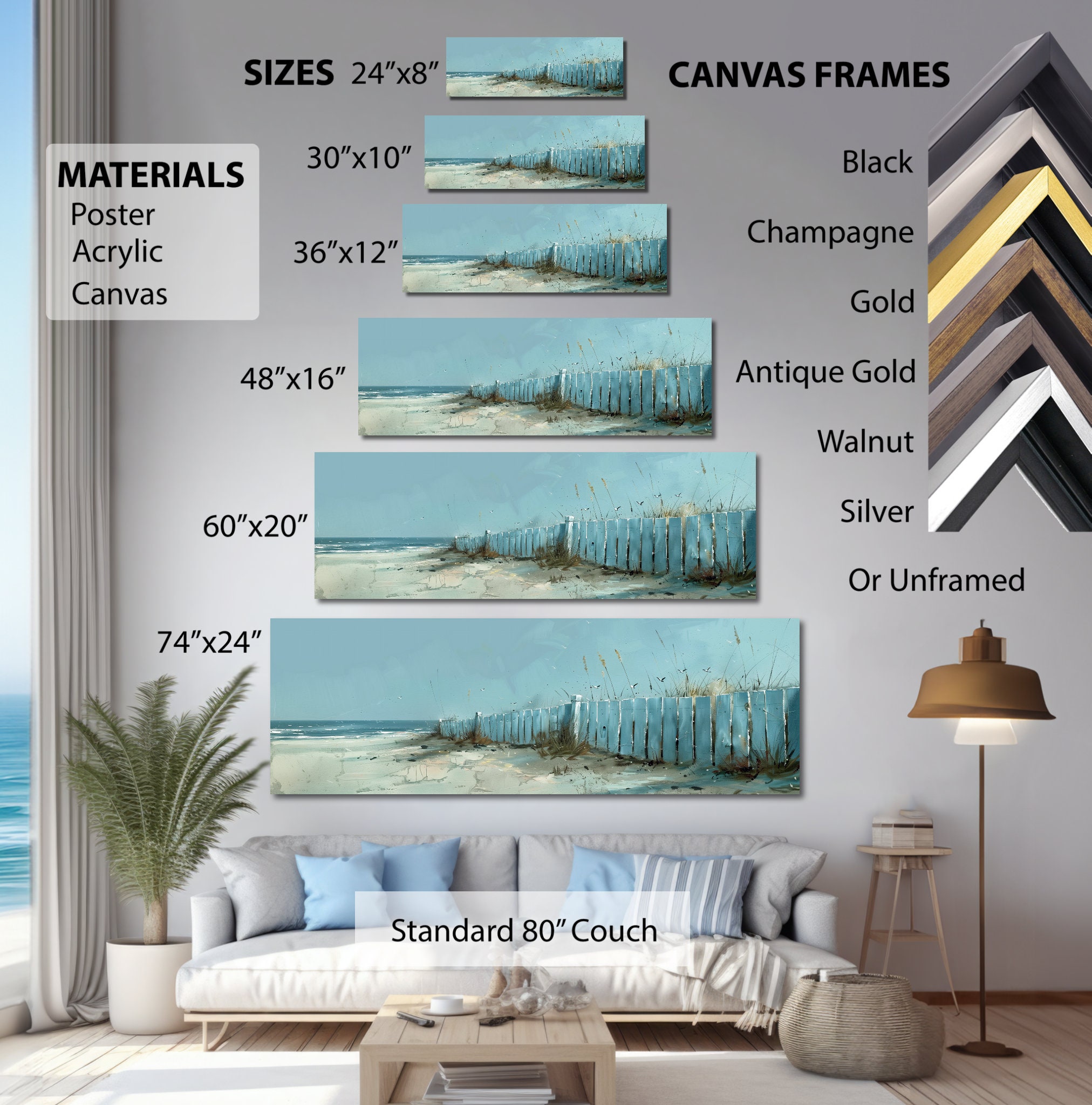 Beach Fence Painting Print. Ocean Costal Decor. Panoramic Seascape Wall ...