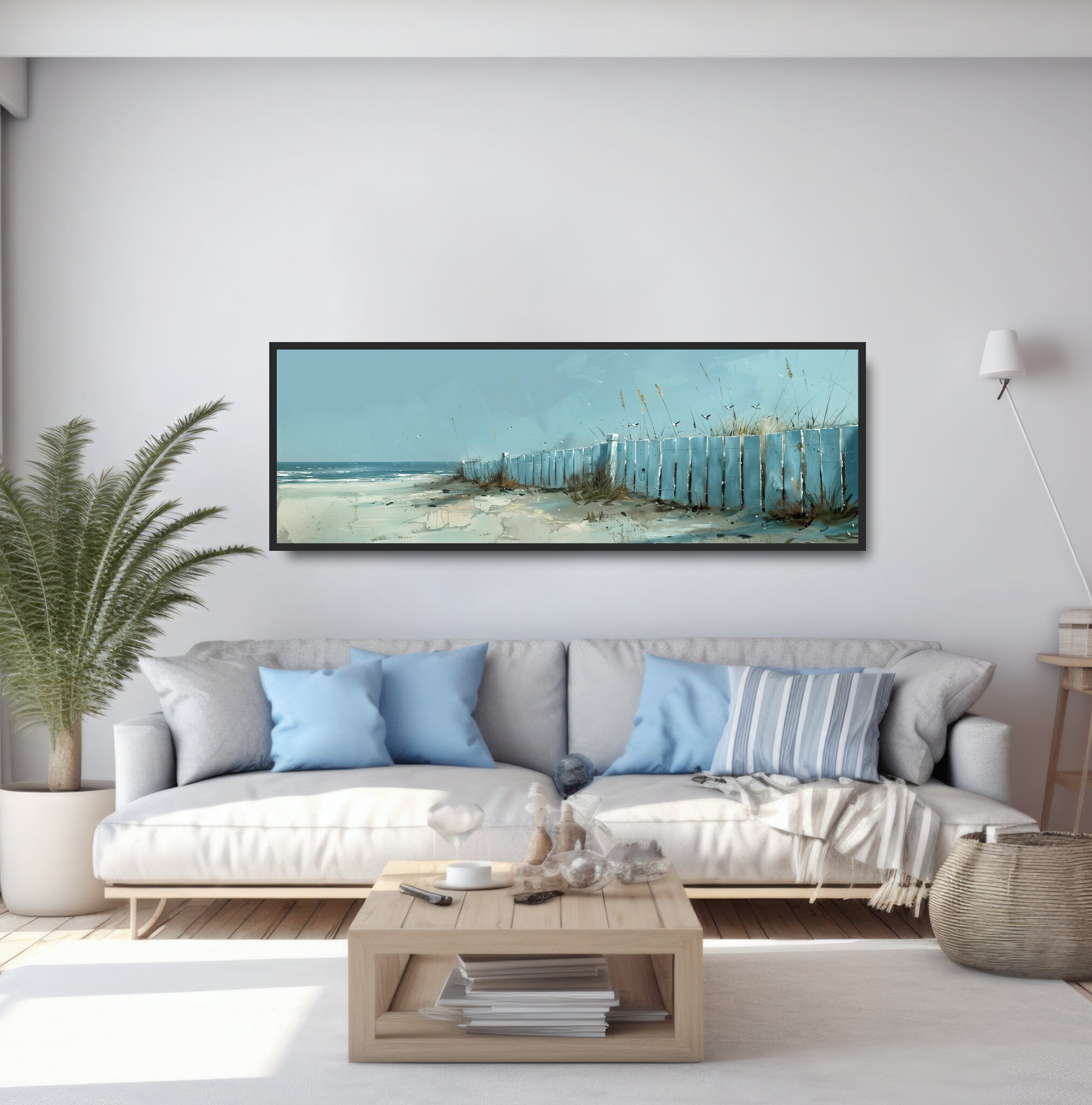 Beach Fence Painting Print. Ocean Costal Decor. Panoramic Seascape Wall ...