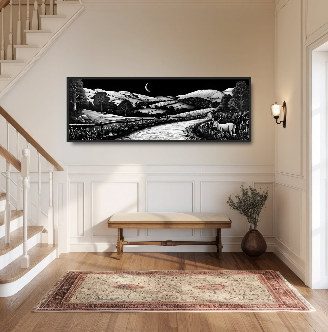 Woodcut Landscape Deer Print. Black and White Panoramic Canvas or ...