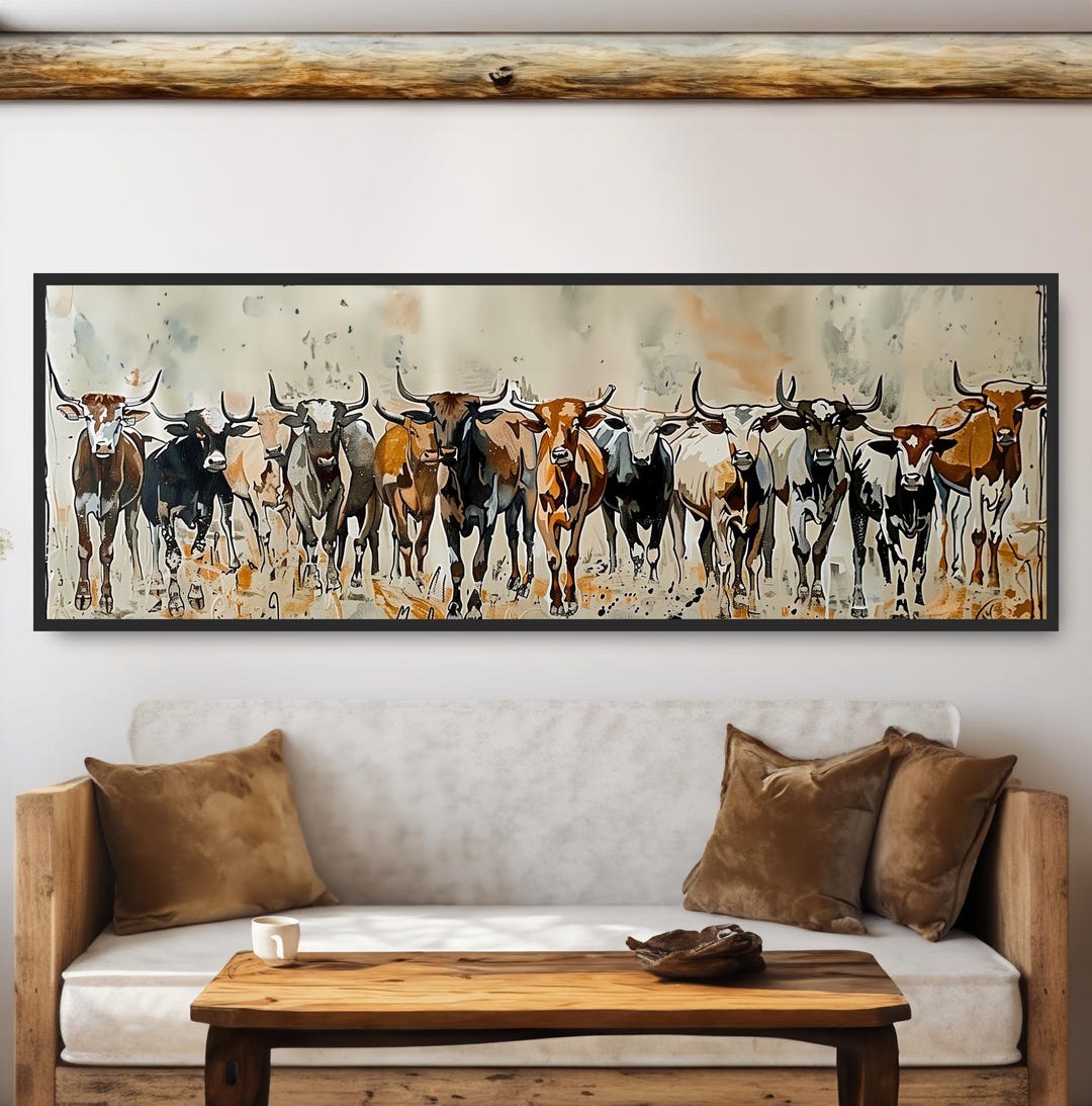 Longhorn Cattle Herd Painting. Rustic Western Farmhouse Decor. Abstract ...