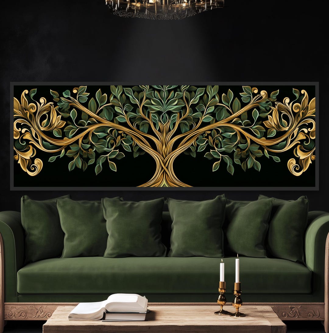 Gold and Green Tree of Life Wall Art, Mystical Symbolic Nature Artwork ...