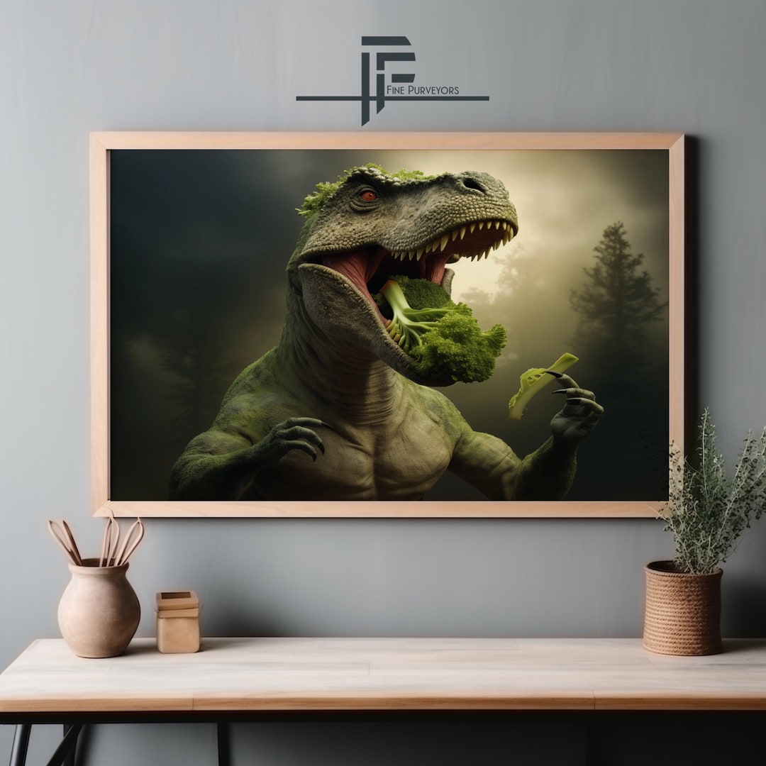 T Rex Dinosaur Eating Broccoli Oil Painting Vegetarian Dinosaur ...