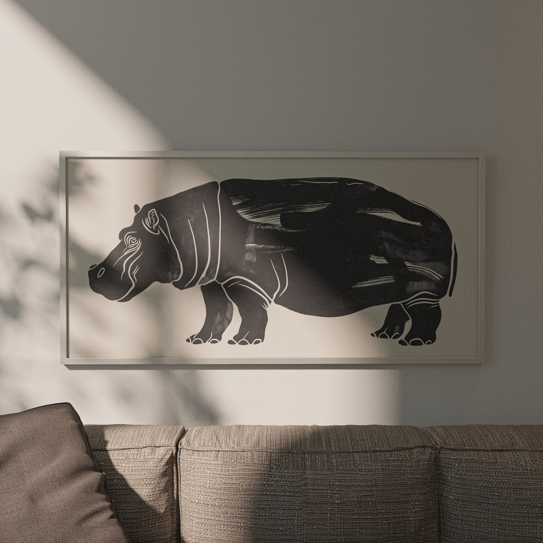 Wetland Colossus: Vintage Block Print Style Hippo Illustration ...