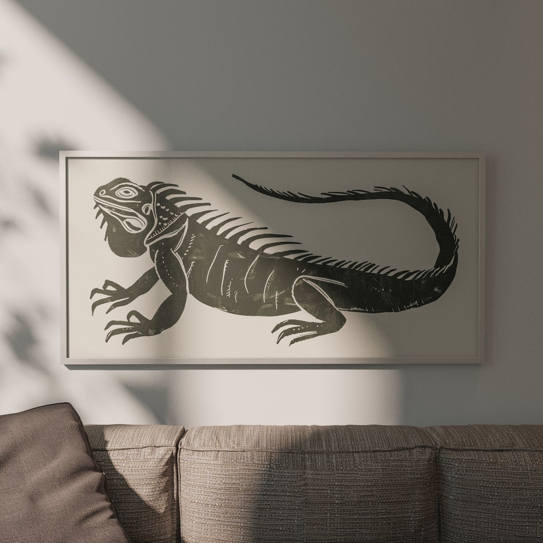 Exotic Repose: Vintage Block Print Style Iguana Illustration Aesthetic ...