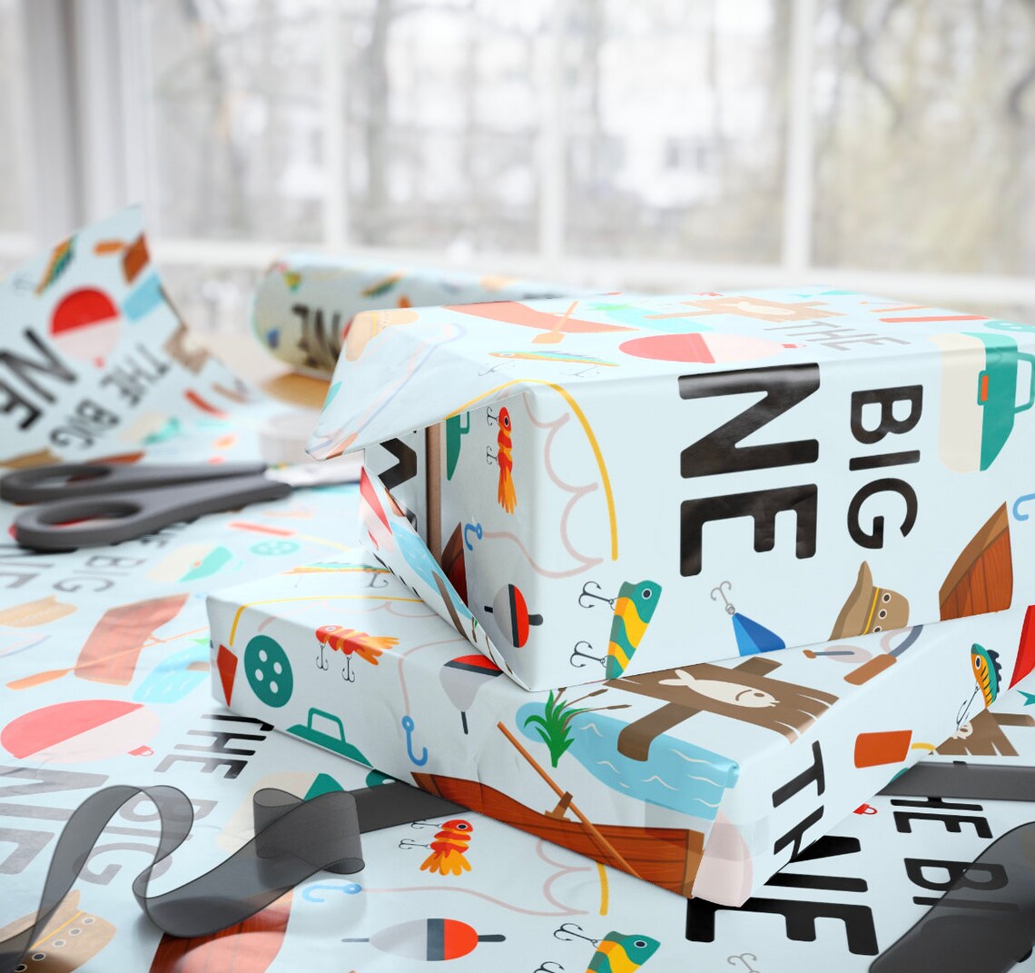 The Big One Fishing Themed 1st Birthday Party Supplies Custom Gift Wrap ...