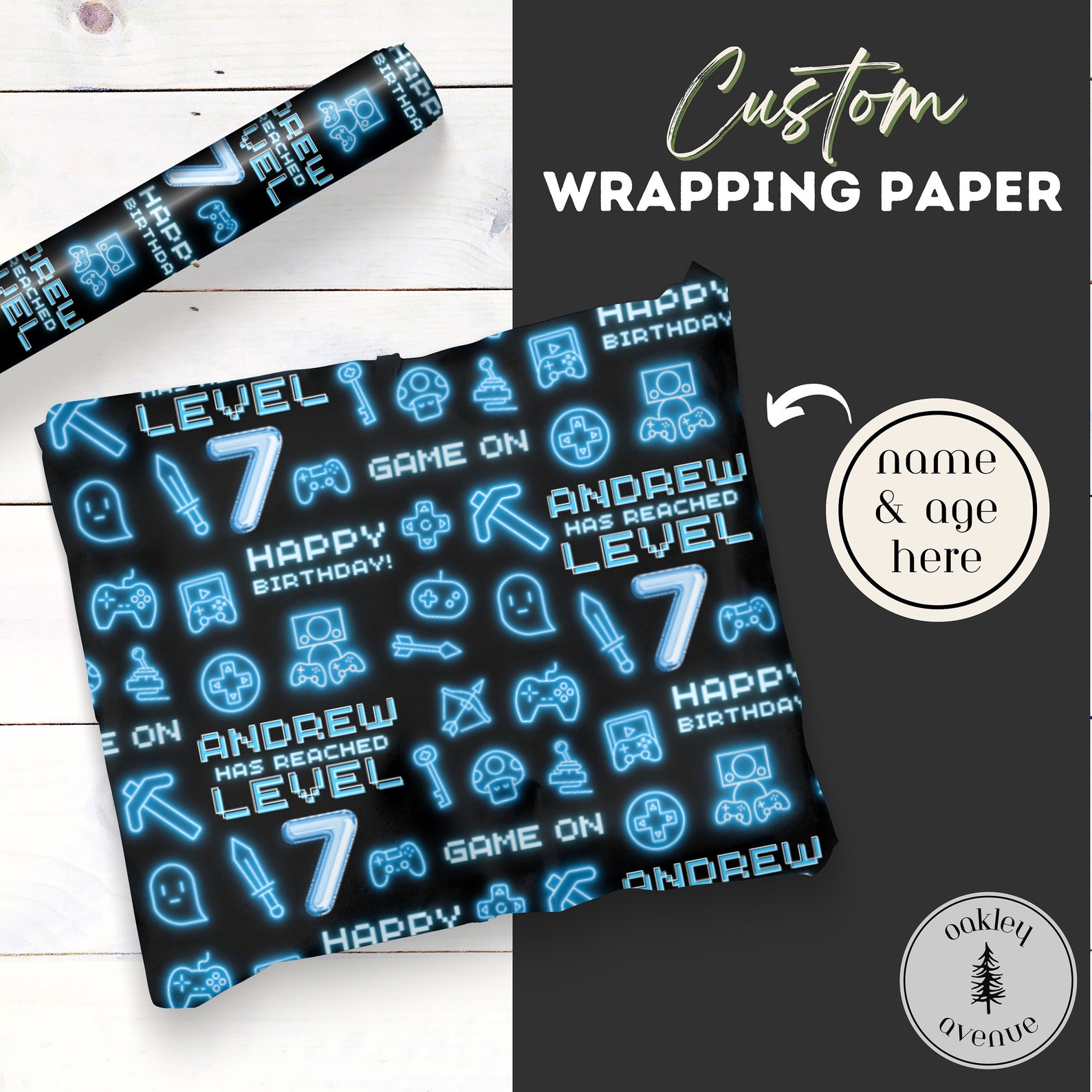 Level up Gamer Boys Birthday Gift Wrap Game on Themed Party Supplies ...