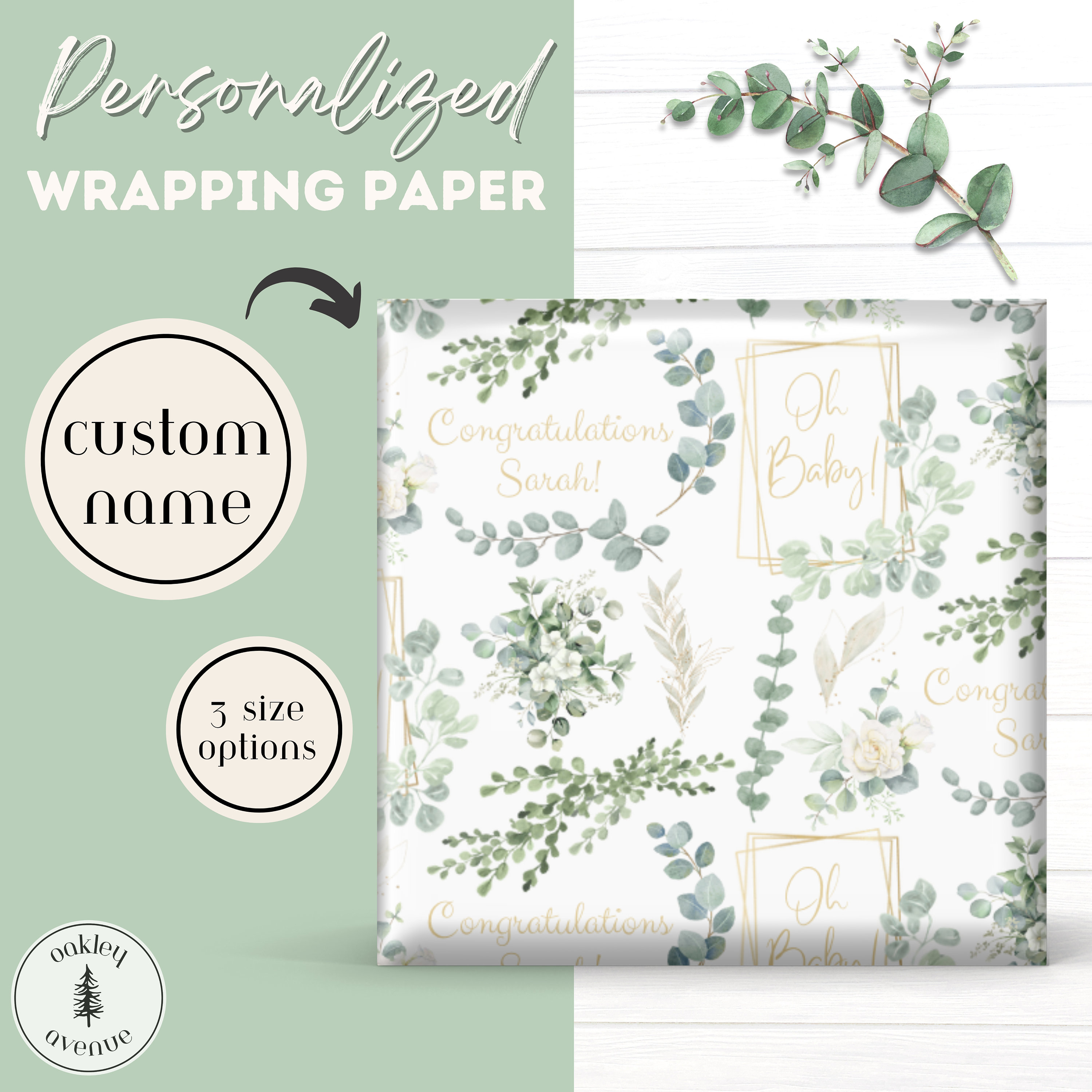 Sage Green Eucalyptus Baby Shower Custom Gift Wrap Boho Greenery Party ...