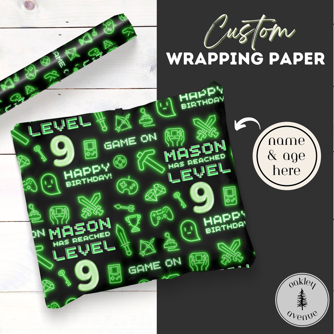 Game on Gamer Themed Birthday Custom Gift Wrap Level up Gaming Party ...