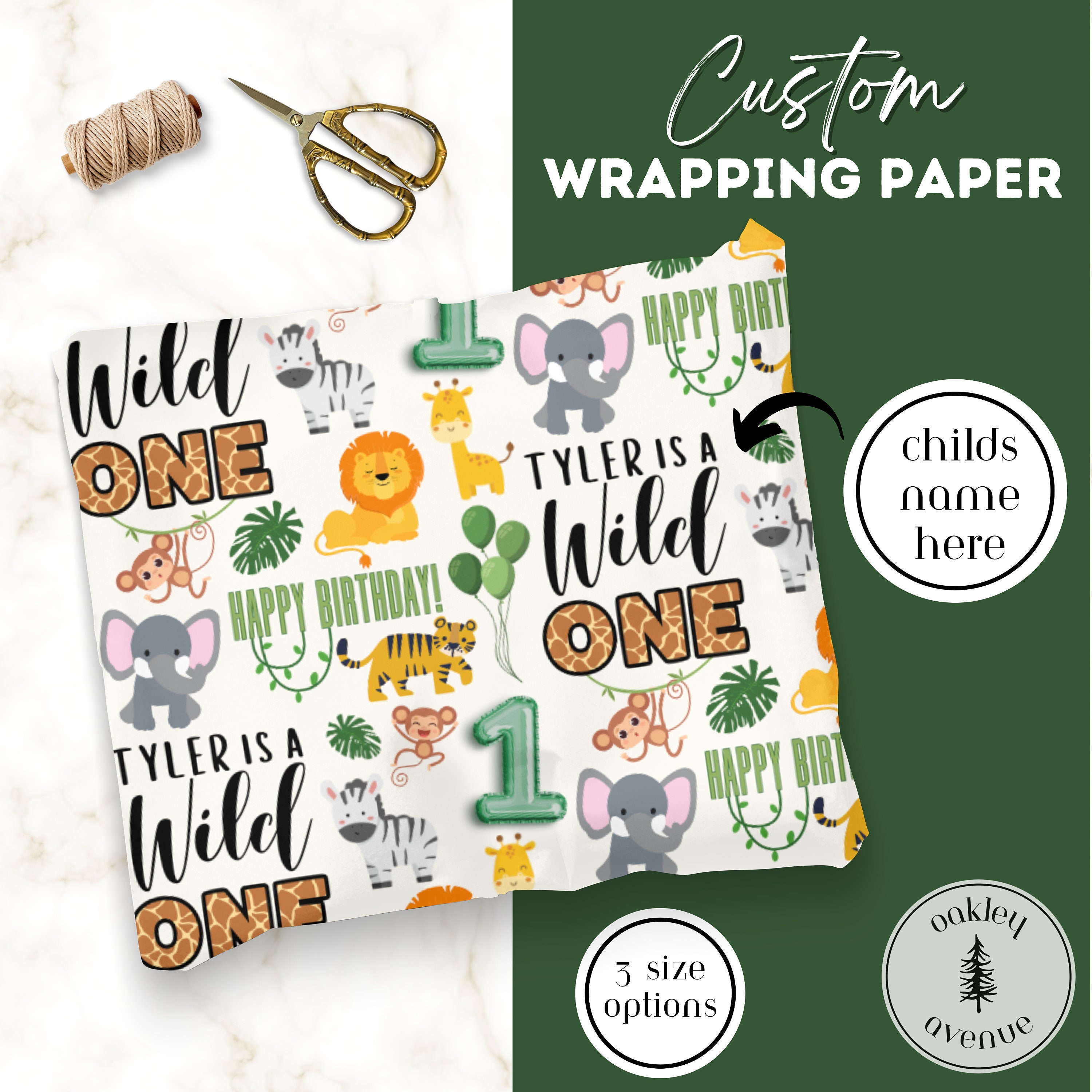 Wild One Jungle Theme Birthday Custom Gift Wrap First Birthday Party ...