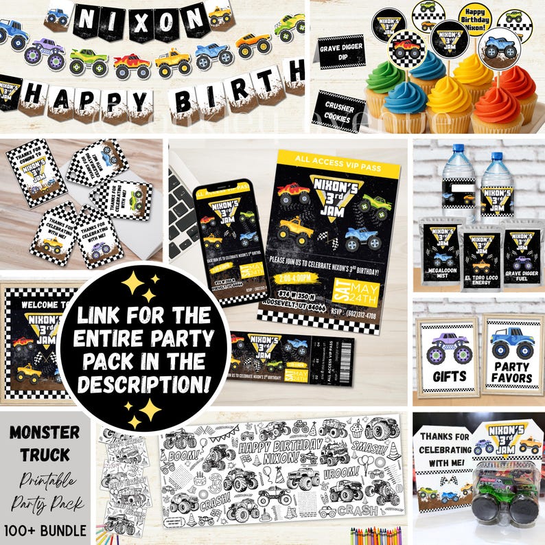 Custom Monster Truck Drink Labels Editable Digital Juice Box Label ...