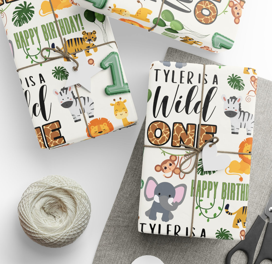 Wild One Jungle Theme Birthday Custom Gift Wrap First Birthday Party ...