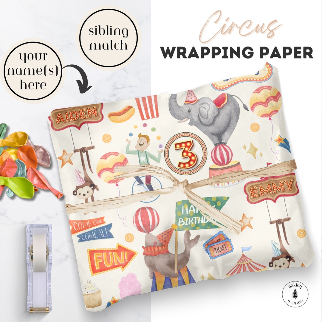 Three Ring Circus Birthday Theme Wrapping Paper Custom Giftwrap Twins ...